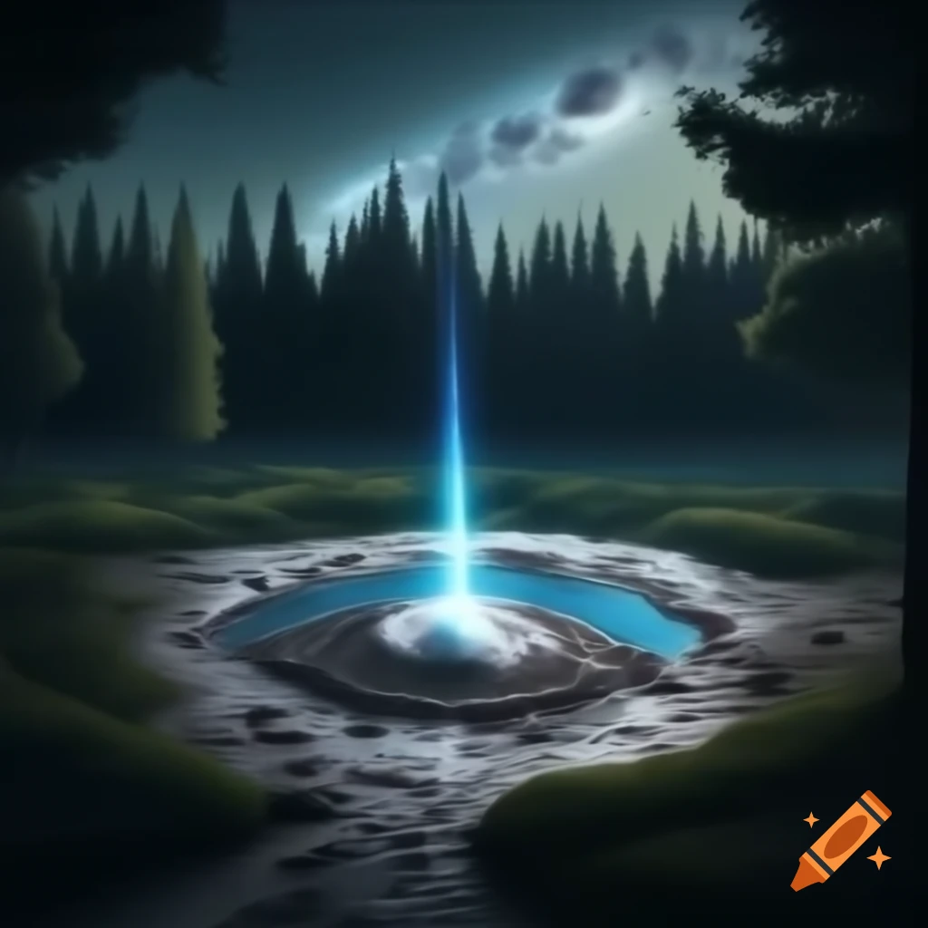 Fantasy small meteor crater in forest clearing with shining white ...