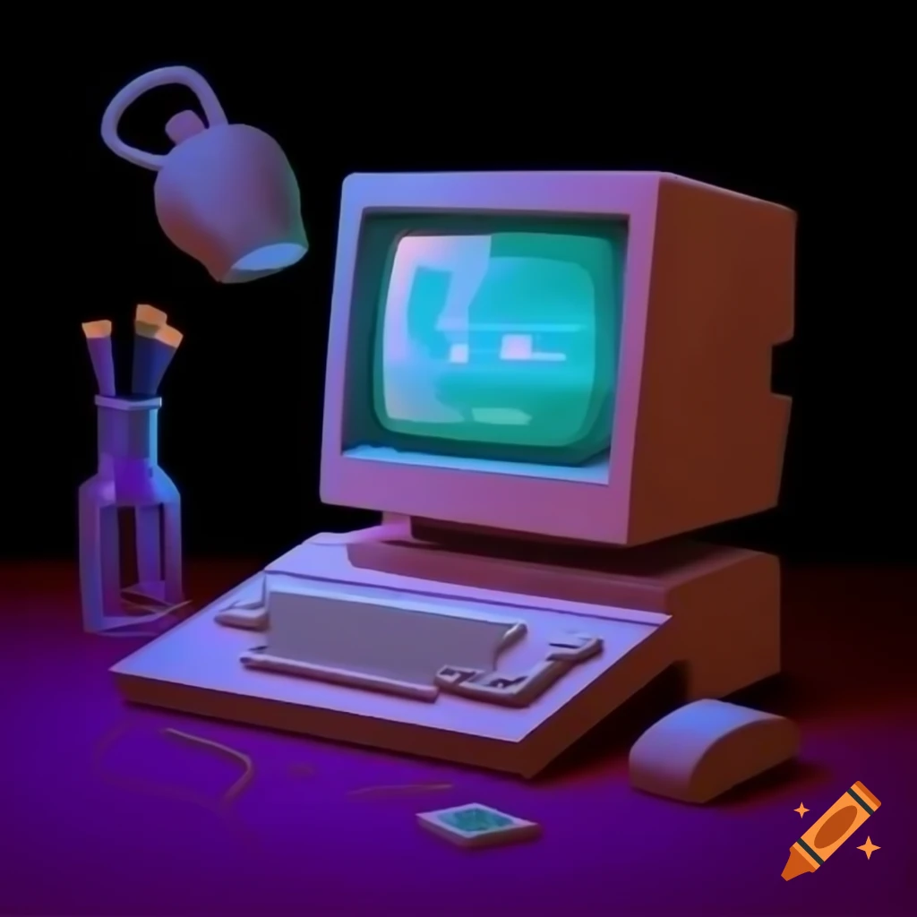 Vintage 1990s computer displaying Photoshop with glowing editing tools ...