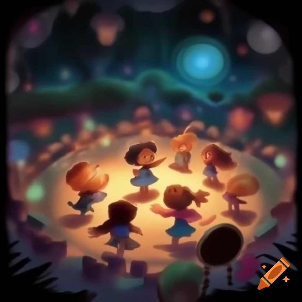 Children of all elements dancing in a circle at a glowing night ...