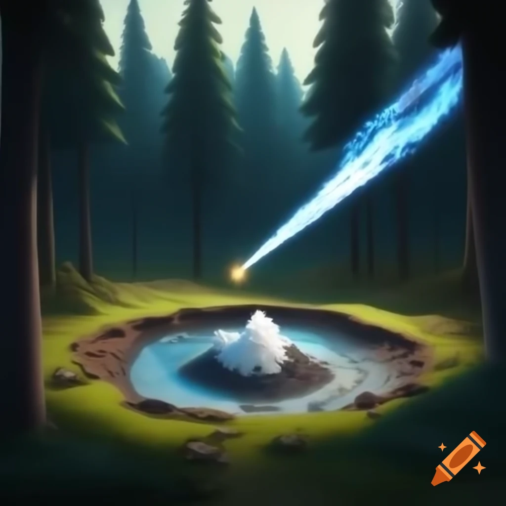 Fantasy small meteor crater in forest clearing with shining white ...