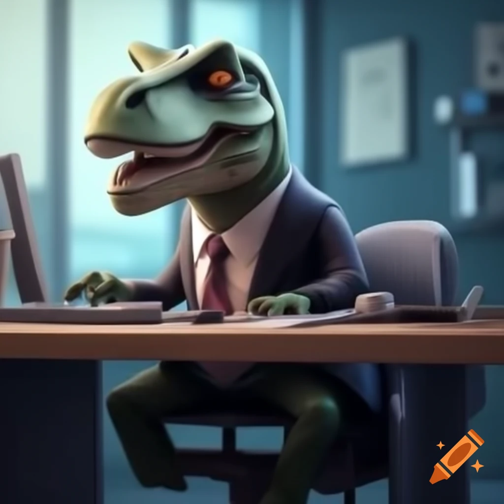 Cartoon T-Rex in business suit struggling to type at office desk on Craiyon