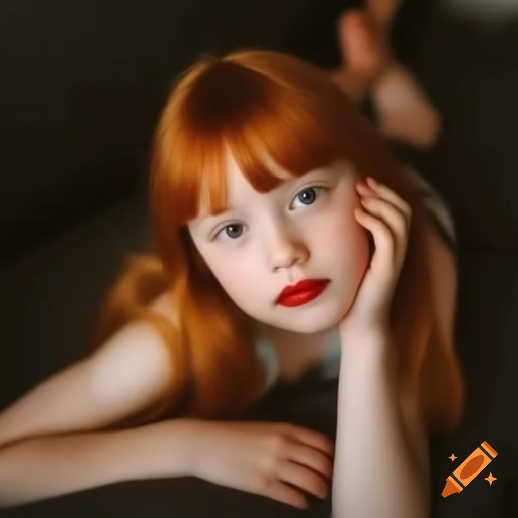 Cute Girl With Auburn Hair And Red Lips Relaxing On Couch On Craiyon