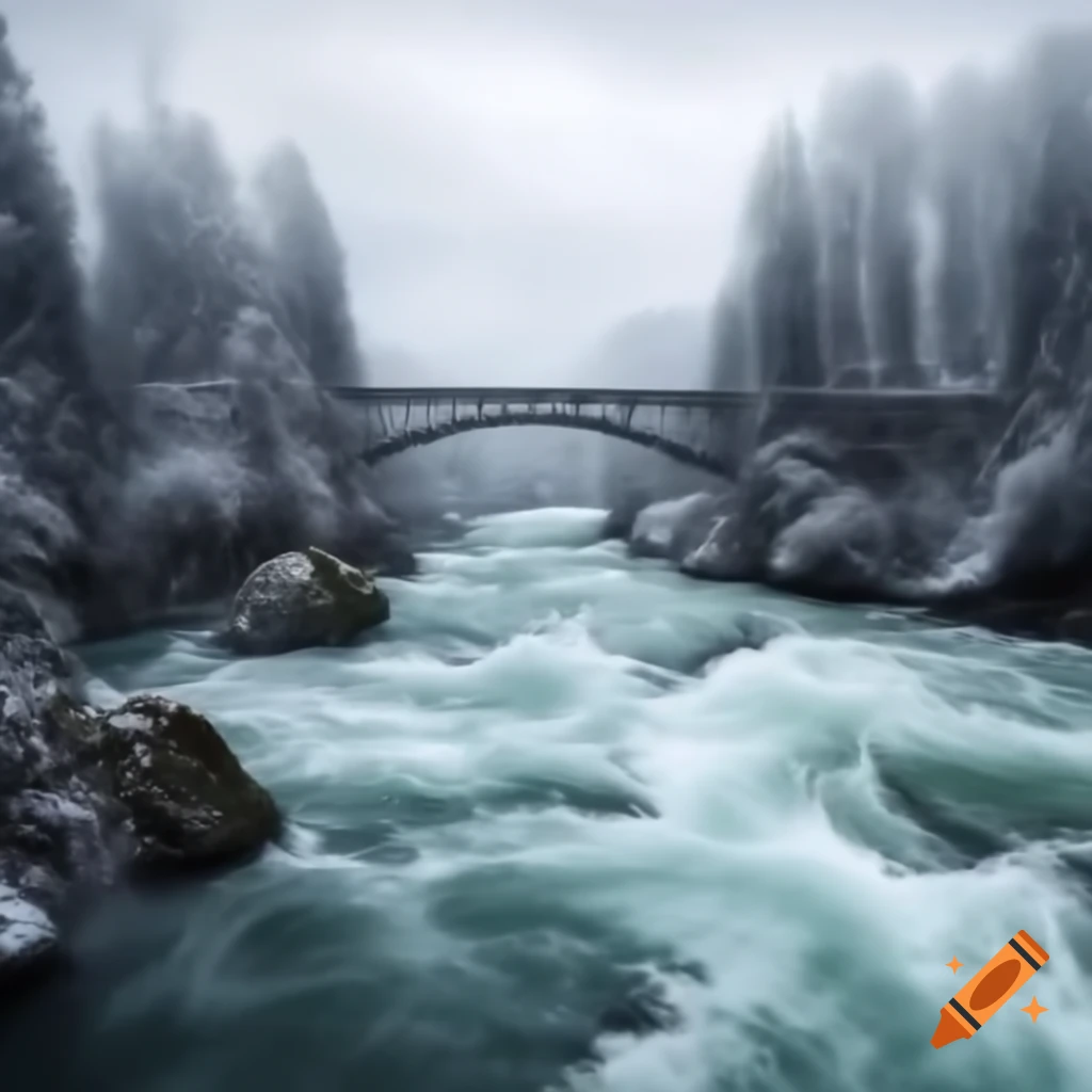 Raging river in highlands during winter storm with rickety bridge on ...