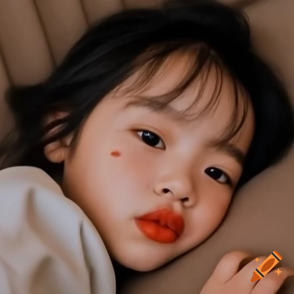 Cute Asian boy relaxing on couch with long hair and red lips on Craiyon