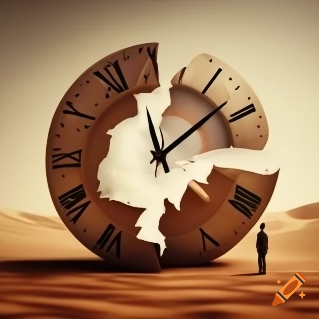 Surreal scene of broken clock in desert with figure writing in sand on ...
