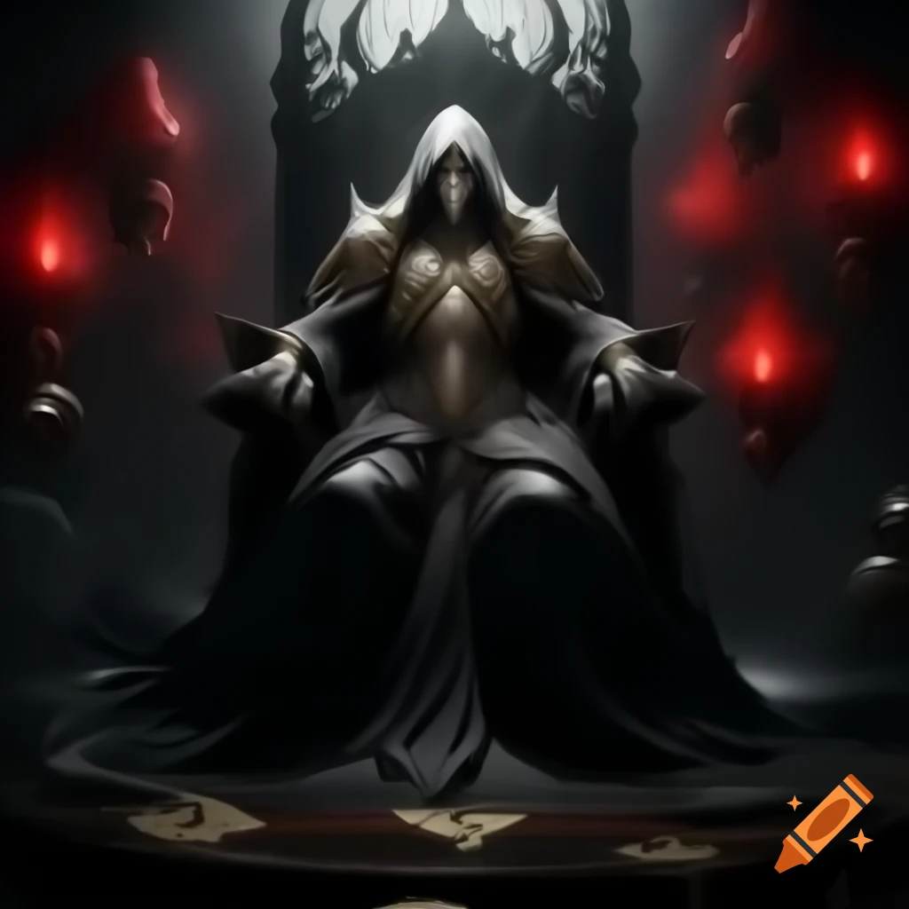 Ainz Ooal Gown from Overlord in dark throne room with glowing red eyes ...