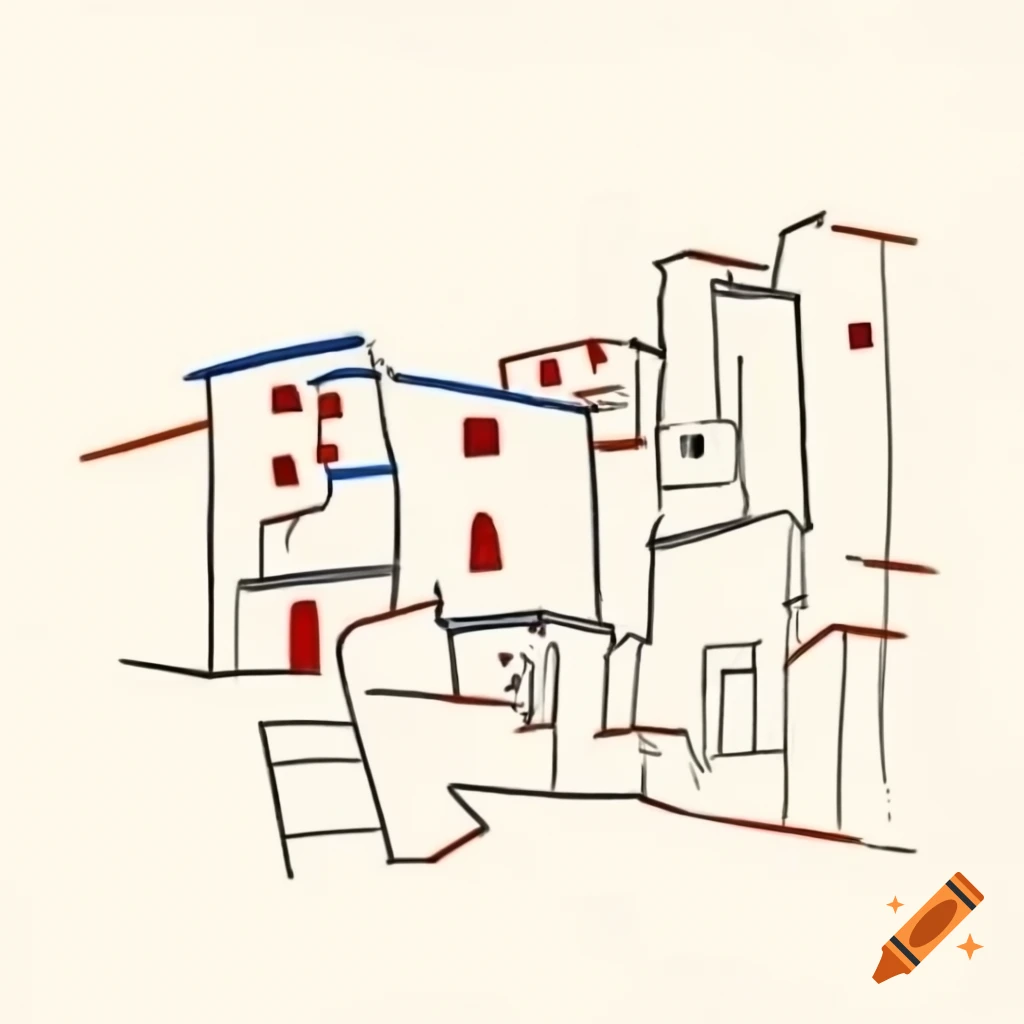 Cubistic art of a medieval Tuscany town in ink and geometric shapes on ...