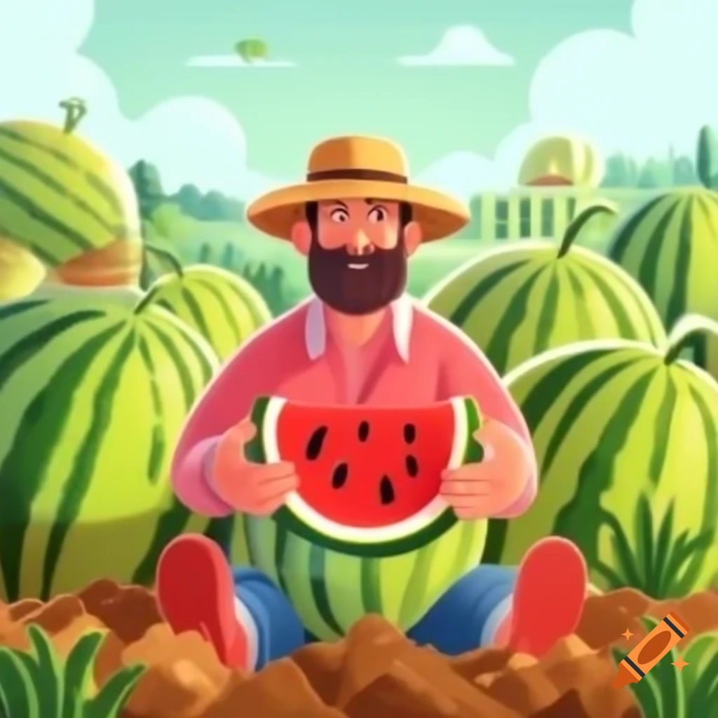 Cartoon farmer enjoying watermelon slices surrounded by watermelon ...