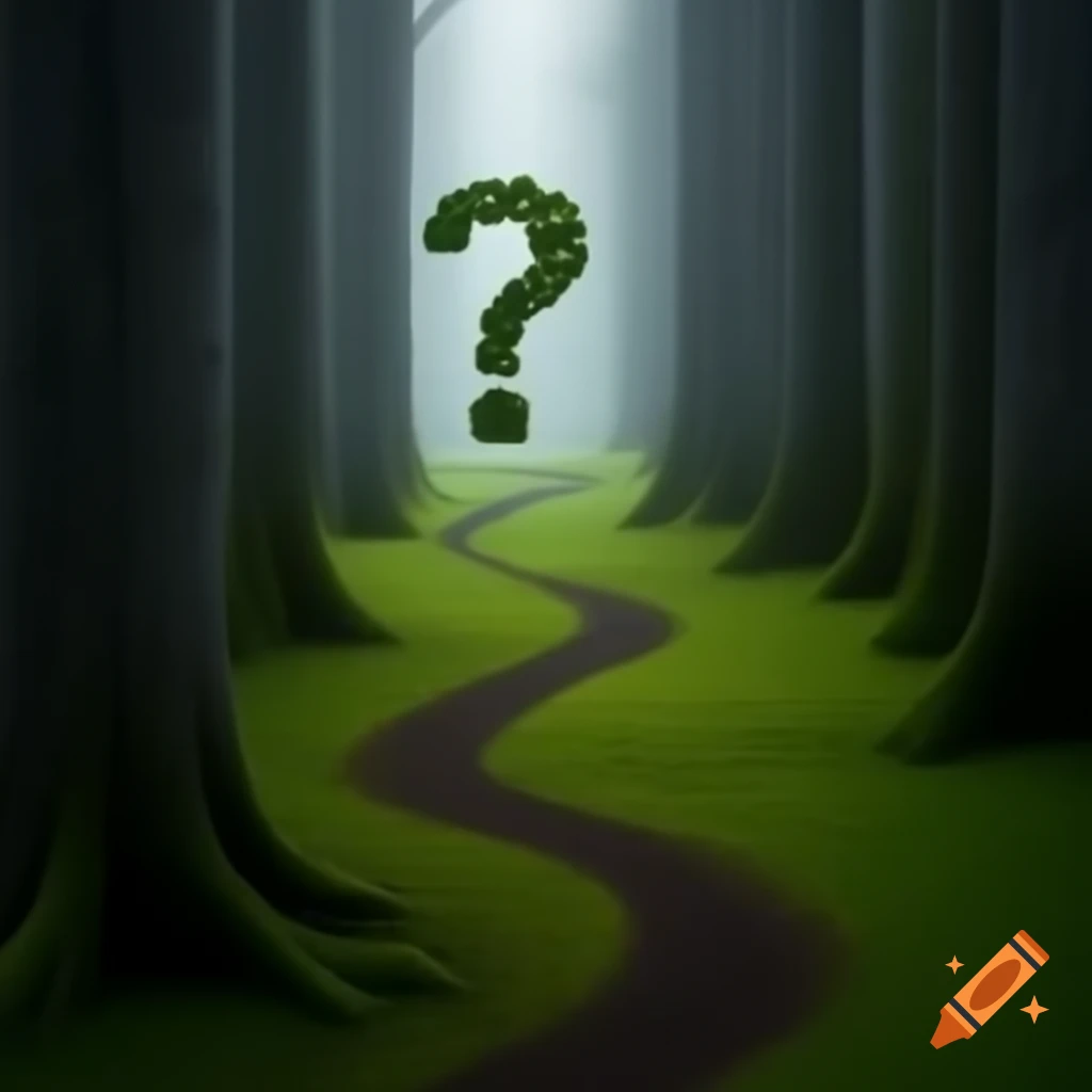 Mysterious forest path with question mark-shaped trees in fog on Craiyon