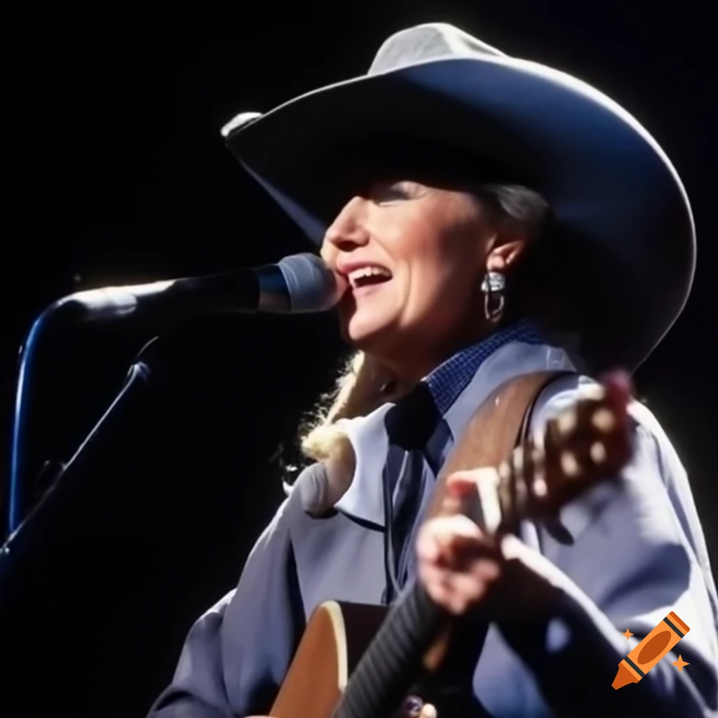 Middle-aged female American country singer in 1993, full body portrait ...