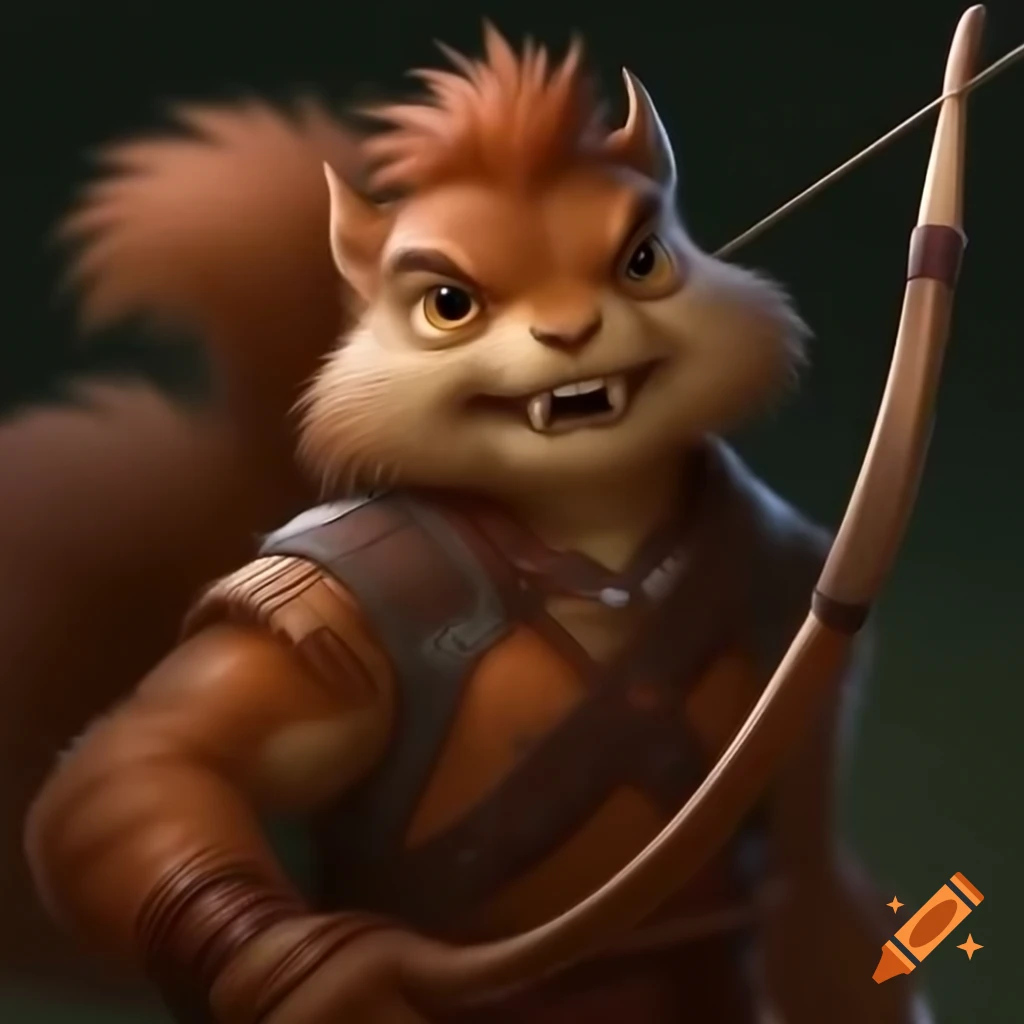 Fierce male squirrel folk fighter with bow and leather armor on Craiyon