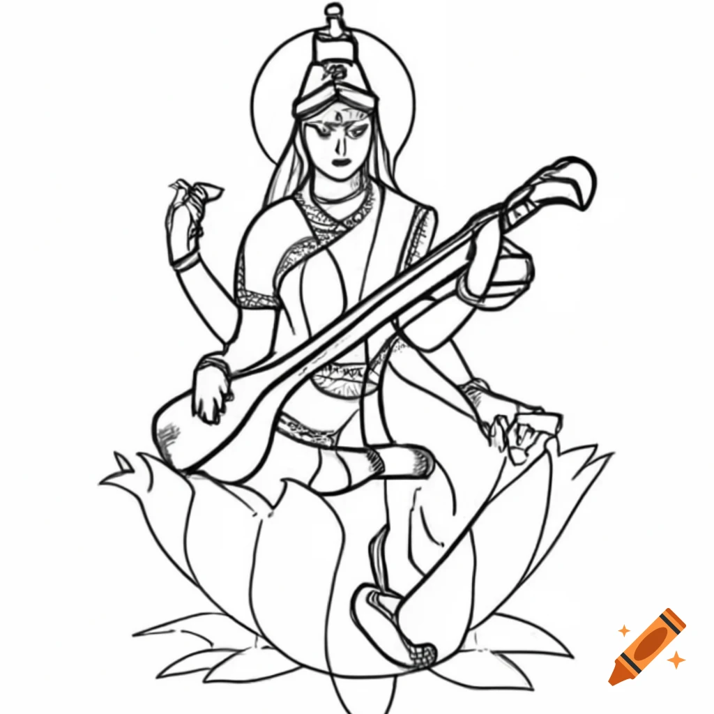 Simple drawing of Saraswati for children's color book on Craiyon