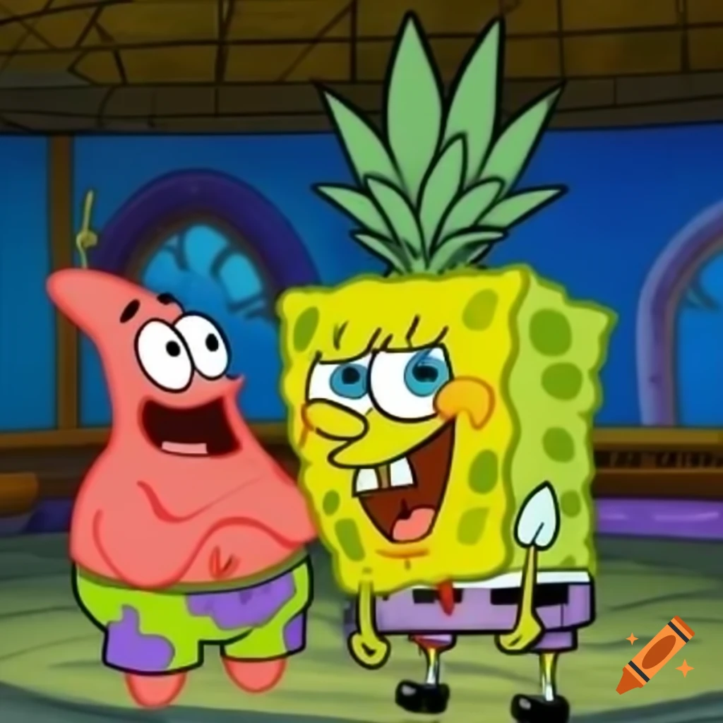 SpongeBob in pineapple house discussing serious topic with Patrick Star on Craiyon