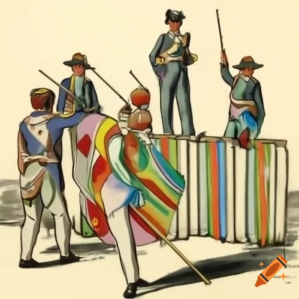 Freedom fighters in rainbow-striped attire on historical barricades ...