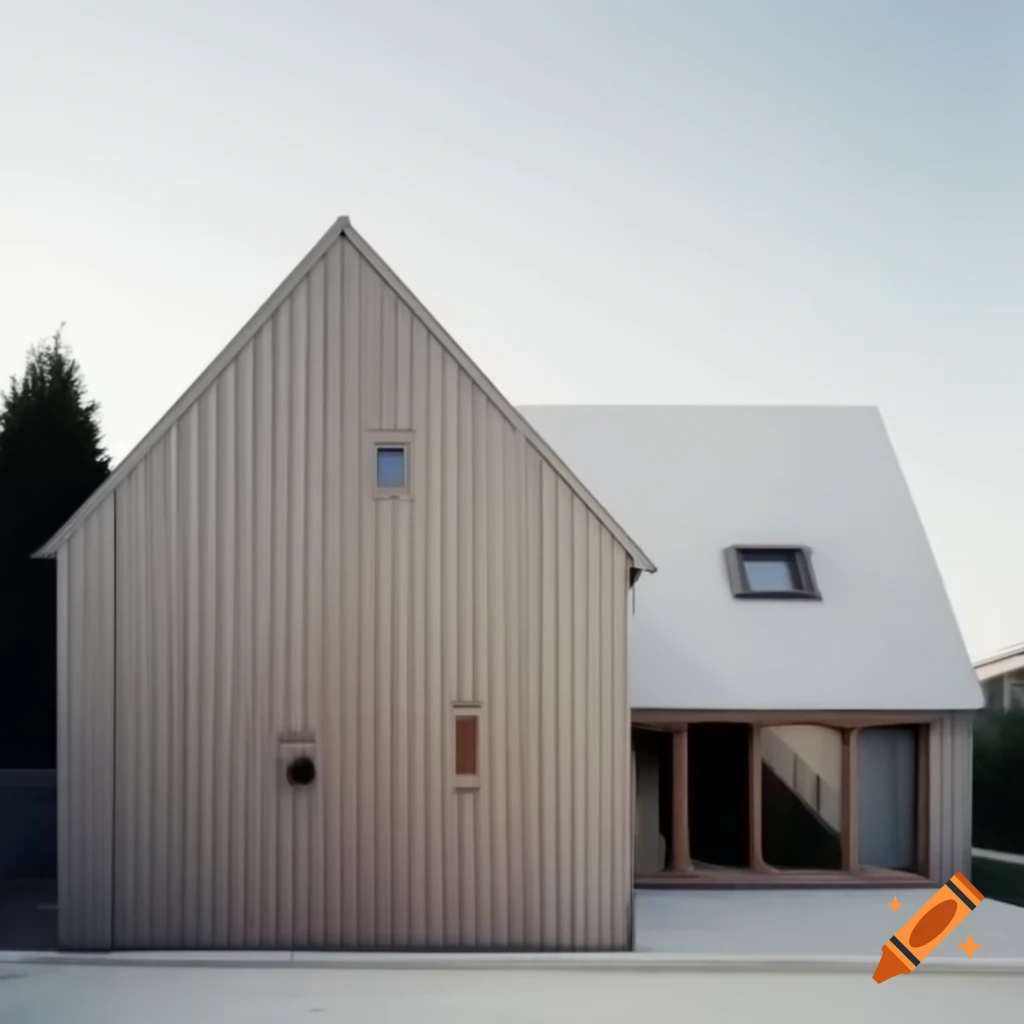 House with gable roof, vertical planking, tall windows, and limestone ...