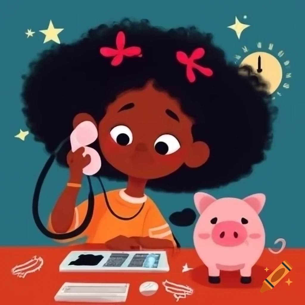 Afro black girl using phone with pet pig, captioned 'phone hog' on Craiyon
