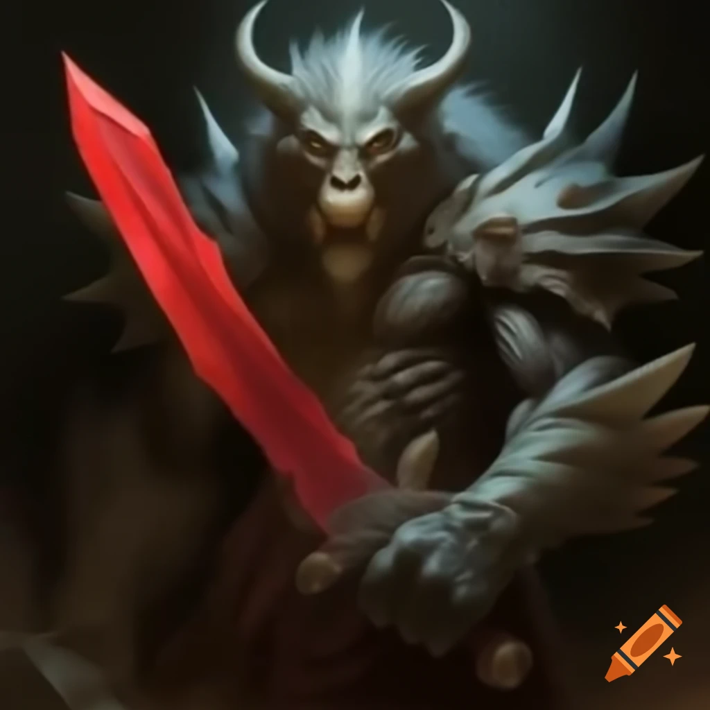 Mythical thunder beast wielding a red giant sword on Craiyon