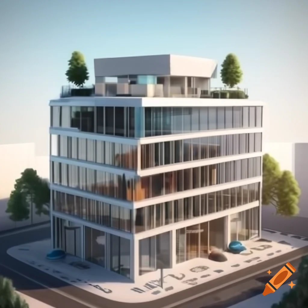 Modern 4-story office building with glass windows and rooftop equipment ...