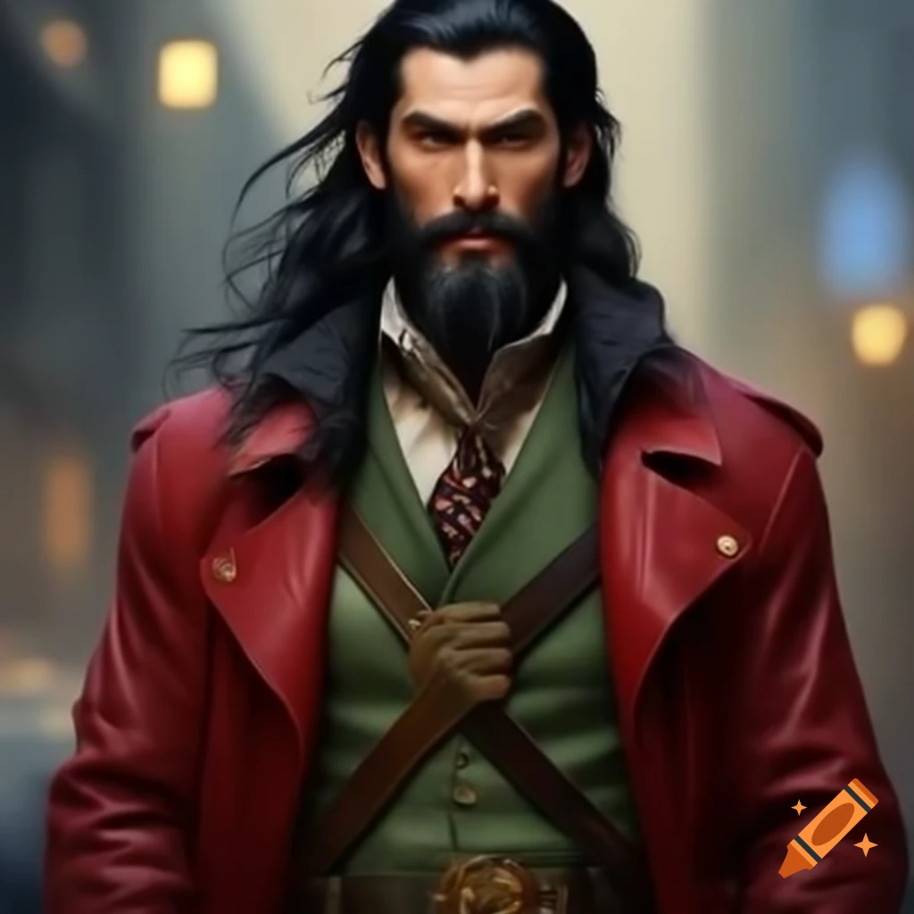 Sophisticated male artificer in red trench coat and green leather vest ...