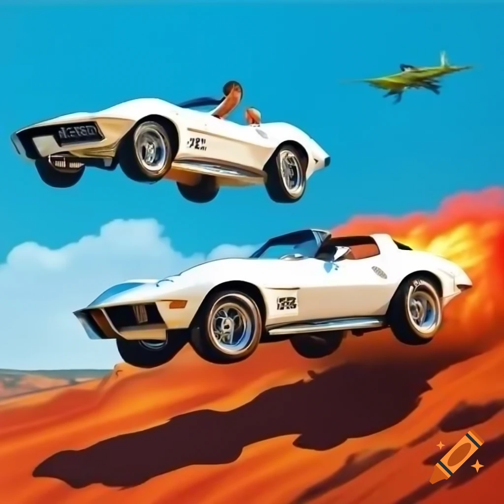 1977 Corvette flying off cliff in flames under sunny blue sky with ...