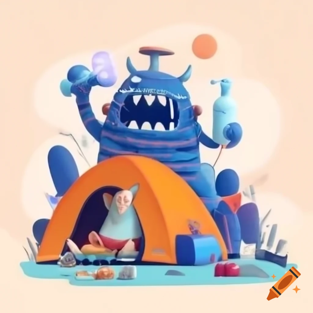 Giant humanoid creature made of camping gear and hitchhiking items on ...