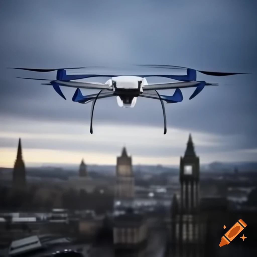 Futuristic city skyline with drones patrolling the sky on Craiyon