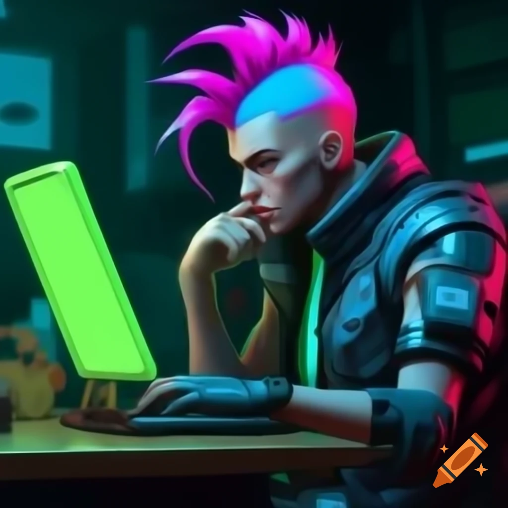 Cyberpunk character with neon mohawk, laptop, and computer watch in ...