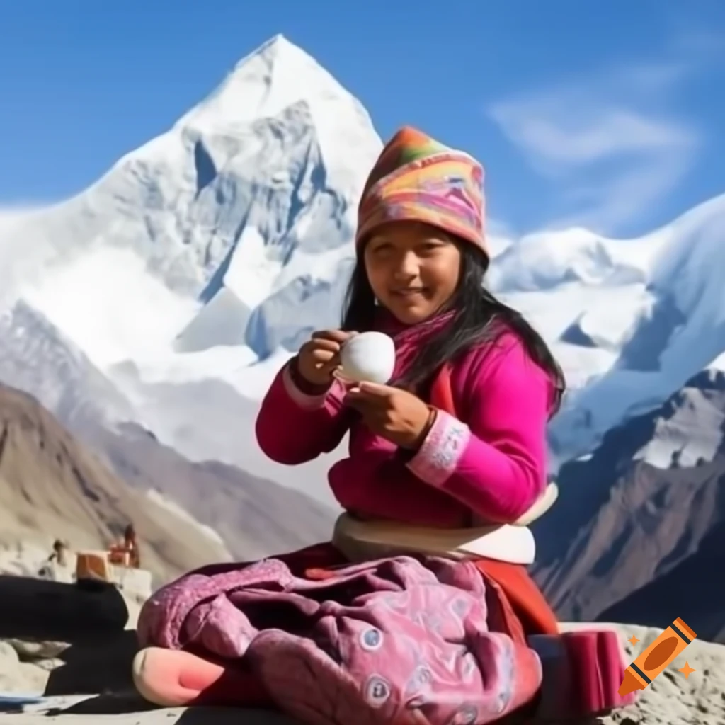 Nepali girl enjoying tea at the summit of Mount Everest on Craiyon