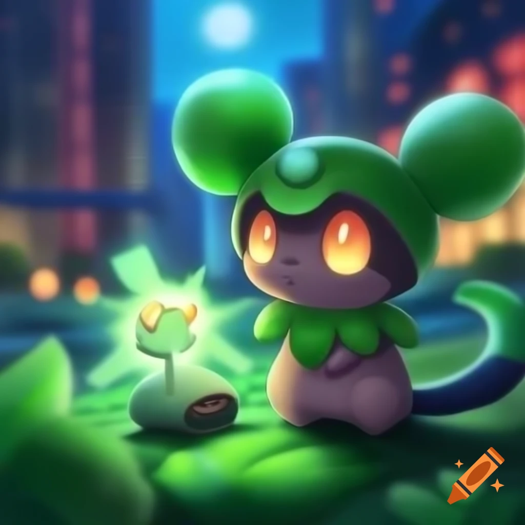Racimous Pokémon, a cross between mouse and raccoon with emerald green ...