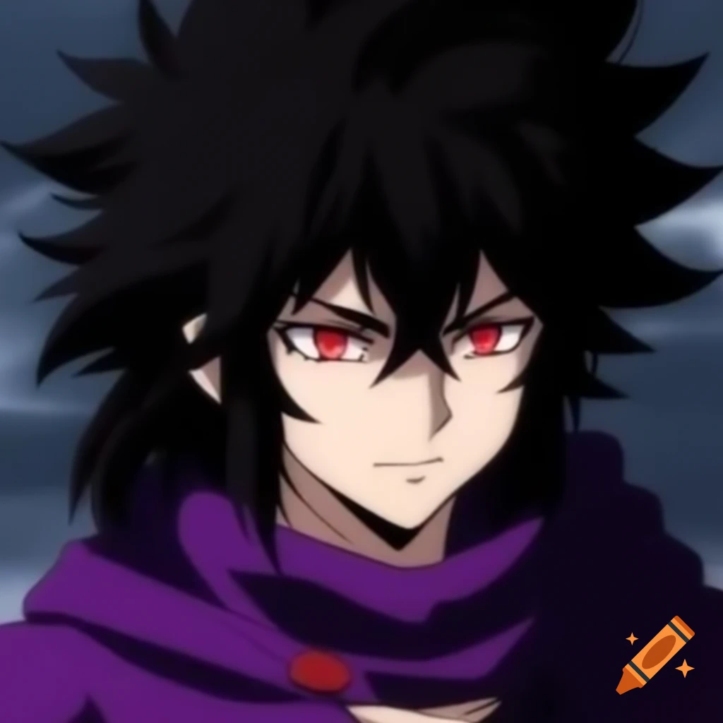 Anime character with black spiky hair and purple cloak, red eyes on Craiyon
