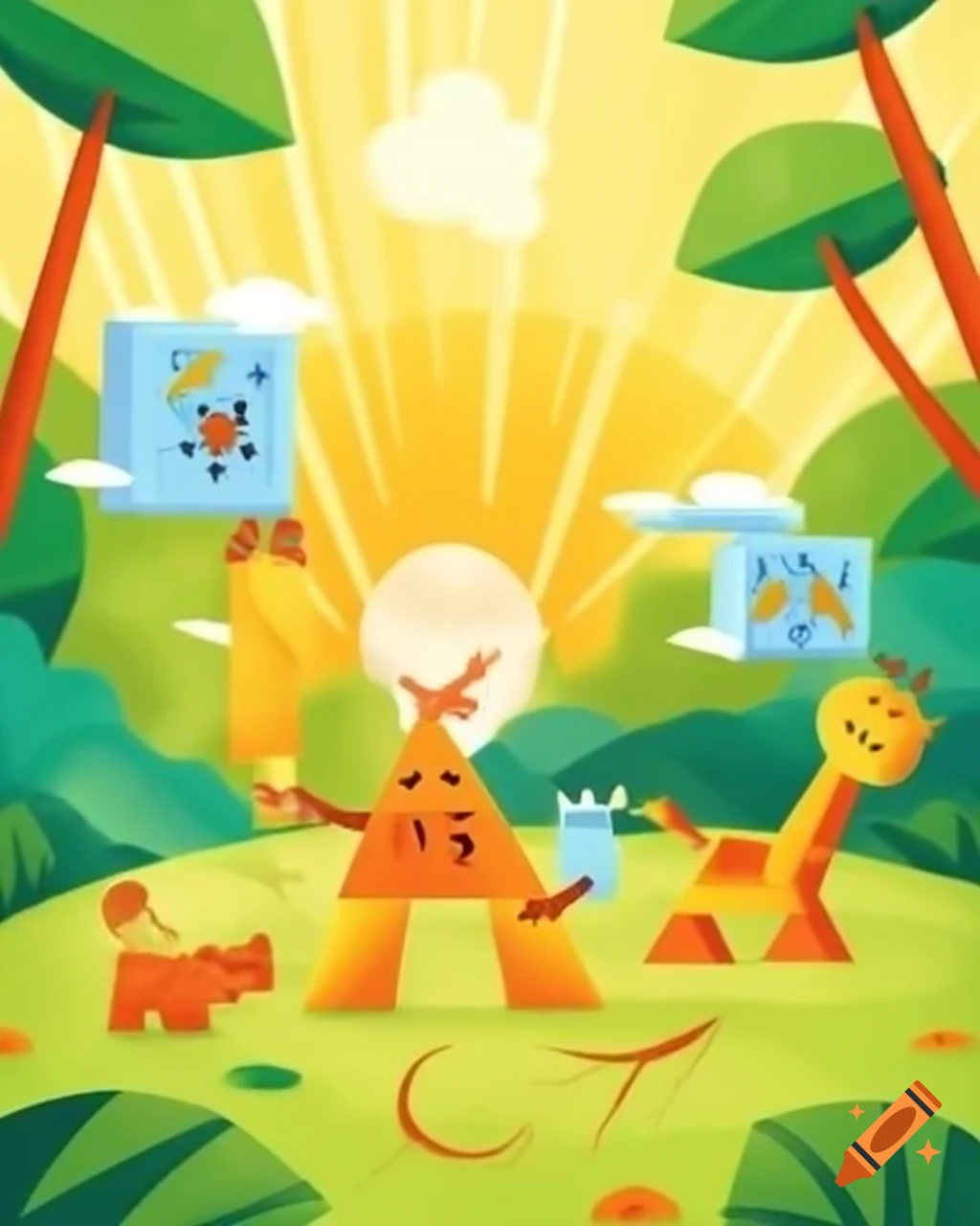 Cheerful jungle clearing with tangram-shaped animals in golden morning ...