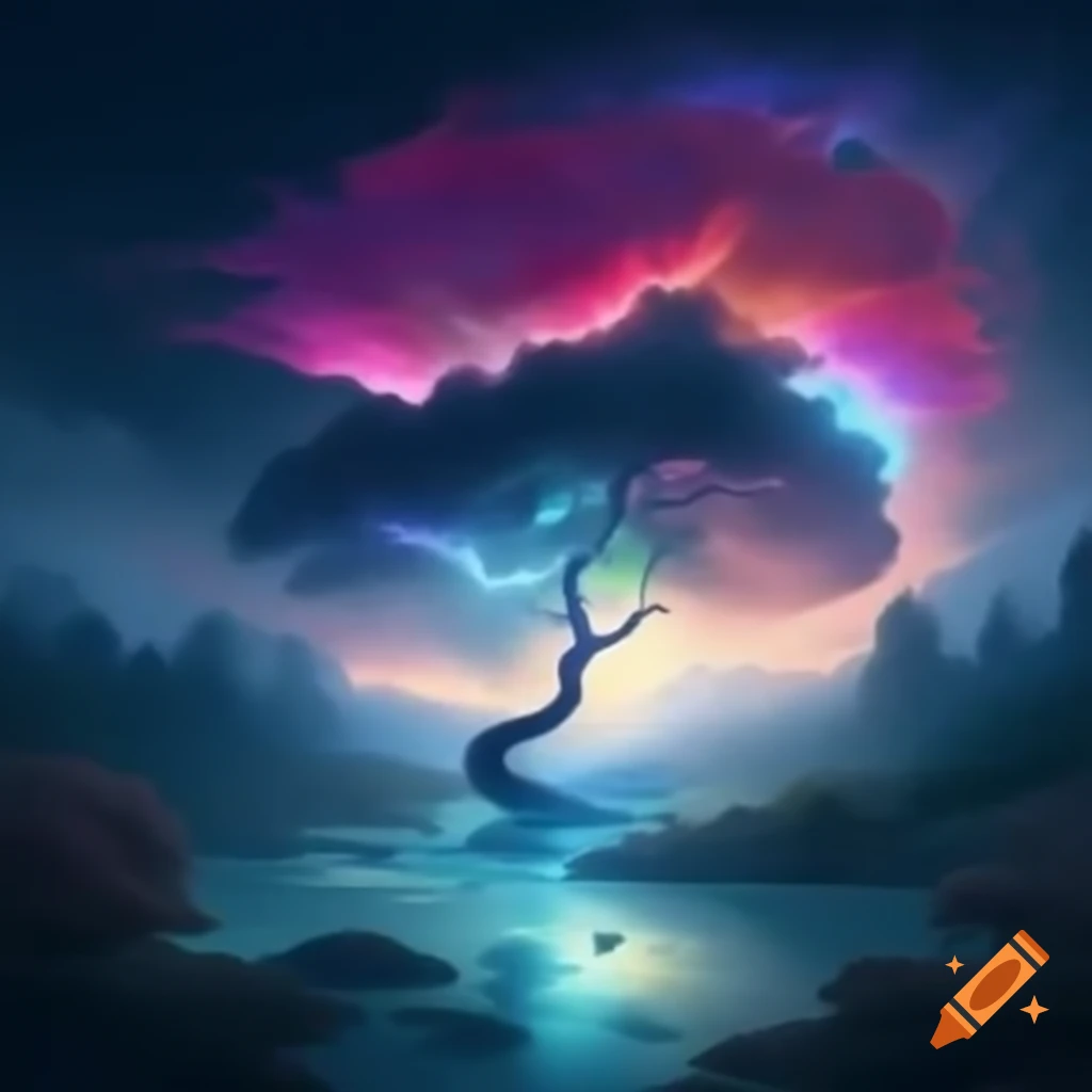 Realistic image of a moving mushroom in a humid forest with fluorescent ...