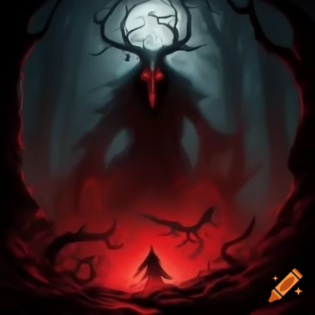 Eerie forest clearing with red moonlight, featuring a skeletal Wendigo ...