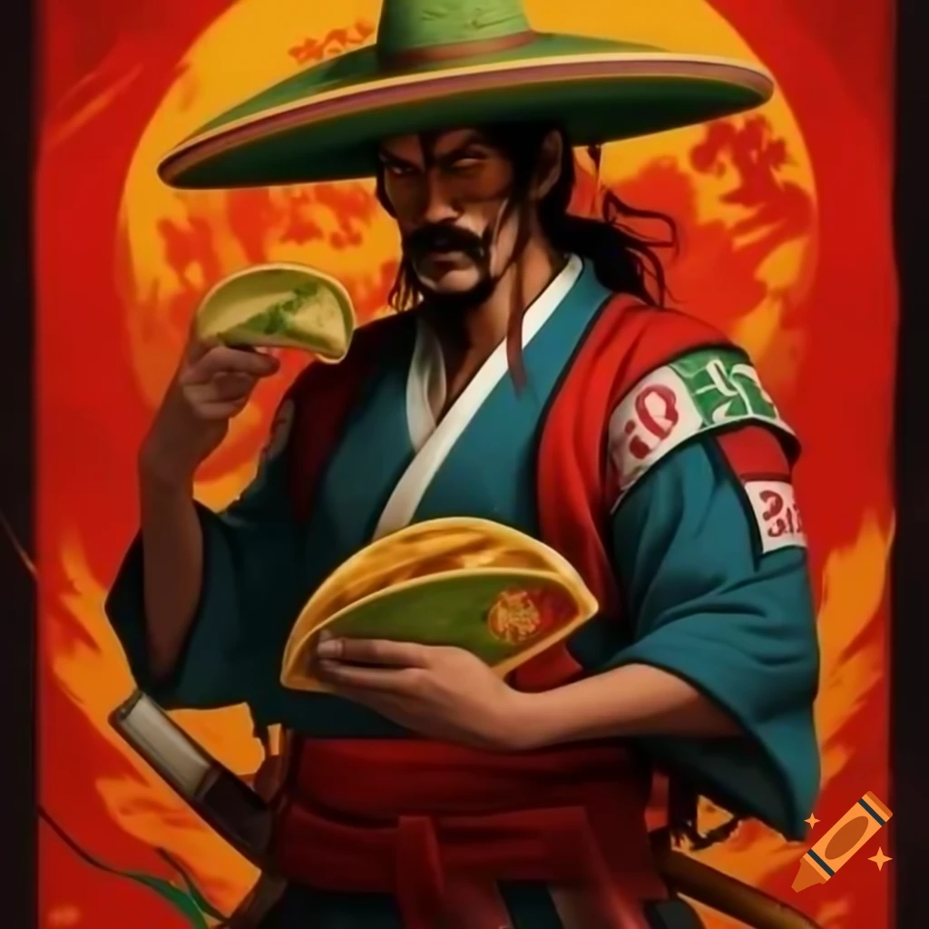 Mexican samurai holding a taco, vibrant cultural fusion on Craiyon