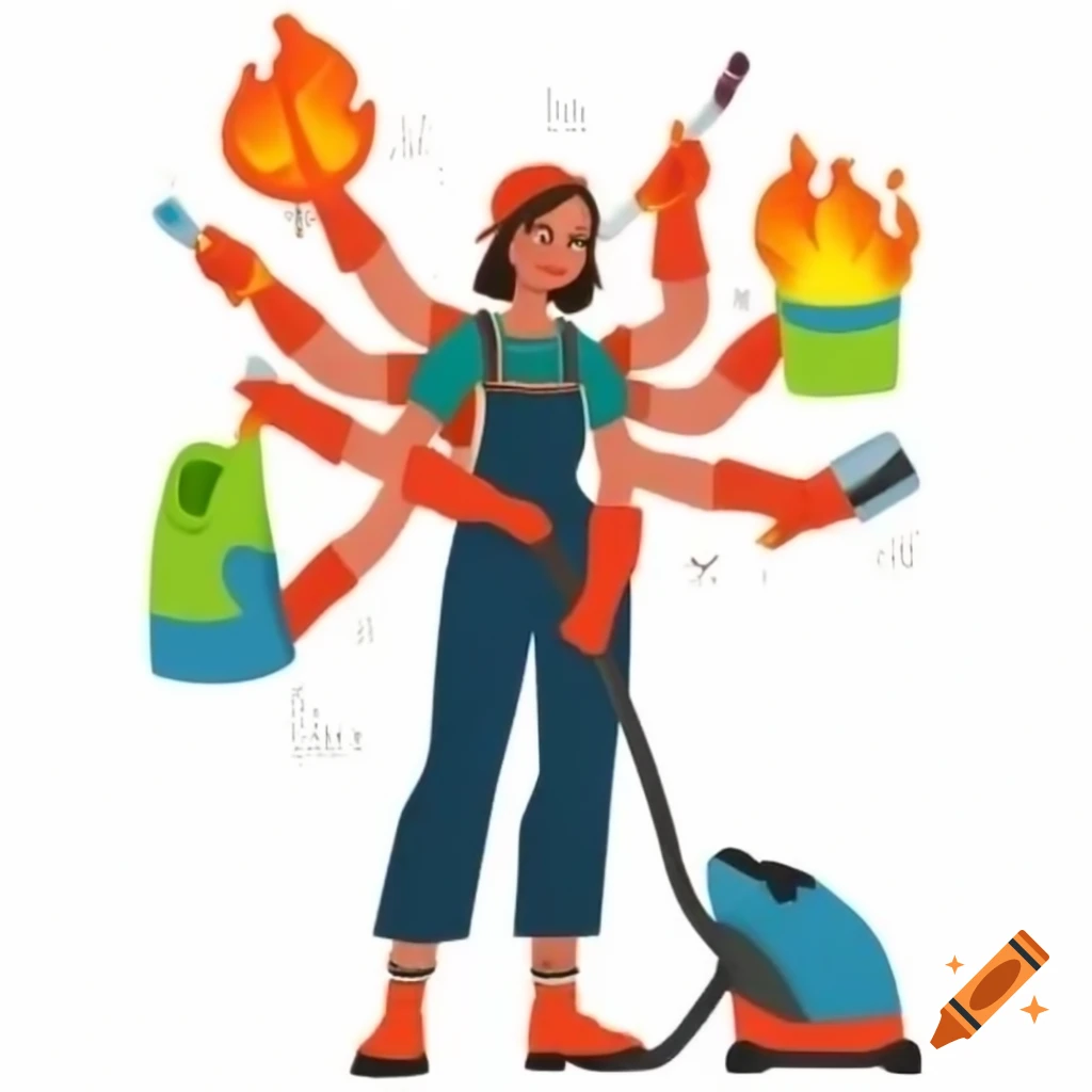 Cleaning lady with six arms holding various cleaning tools and a ...
