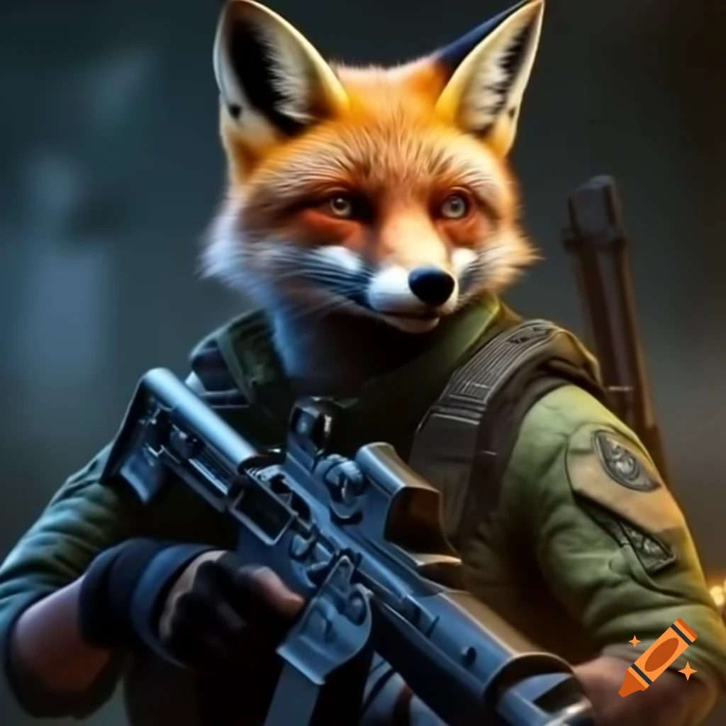 Fox wearing bulletproof vest and machine gun, imaginative scene on Craiyon