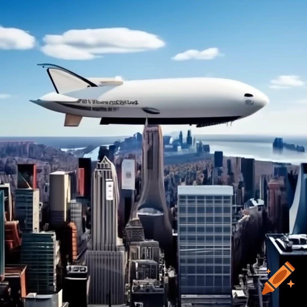 High tech zeppelin docking at Empire State Building in NYC on Craiyon