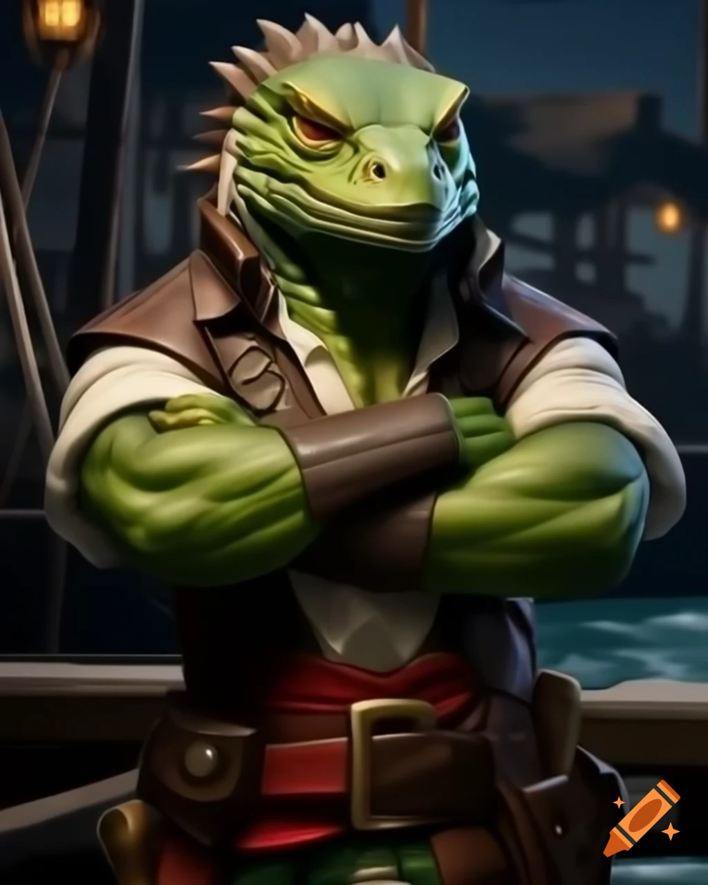 Strong anthro lizard character in pirate outfit at docks, arms crossed ...