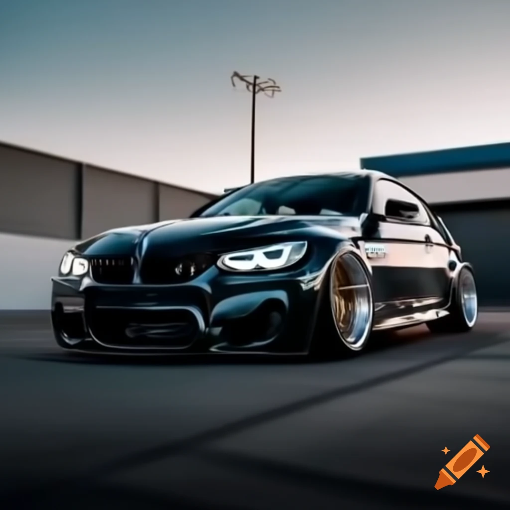 Blacked out BMW M3 with chrome wheels and lowered suspension on Craiyon