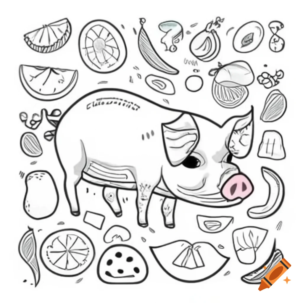 Pig selling fruits at market in coloring book style with outlines on ...