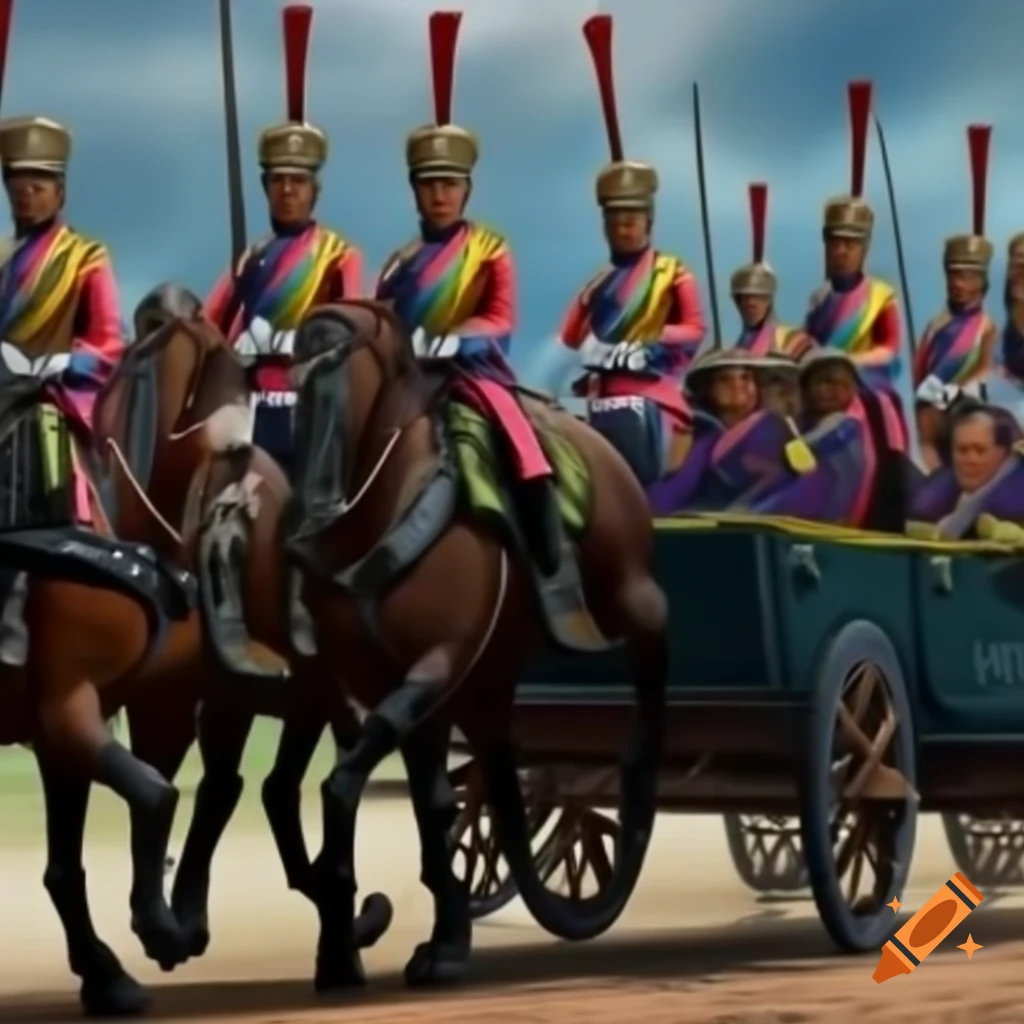 Soldiers in rainbow-striped uniforms with halberds on a Hussite war ...