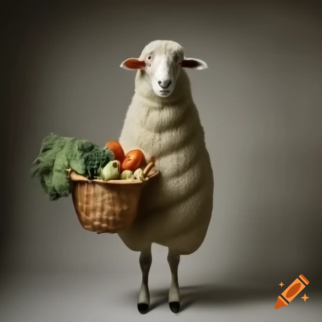 Slovak Cigája sheep standing upright with basket of vegetables, looking ...