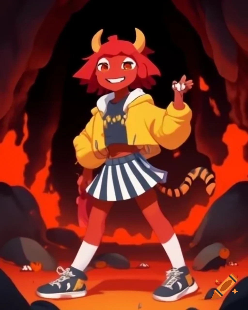 Anime red oni girl with club in fiery cave, wearing stylish outfit on ...