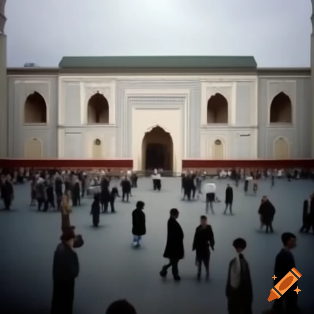 Crowd scene with one-point perspective and vibrant colors on Craiyon