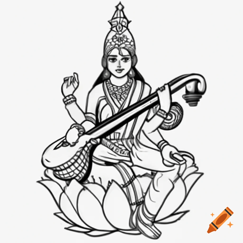 Simple drawing of Saraswati for children's color book on Craiyon