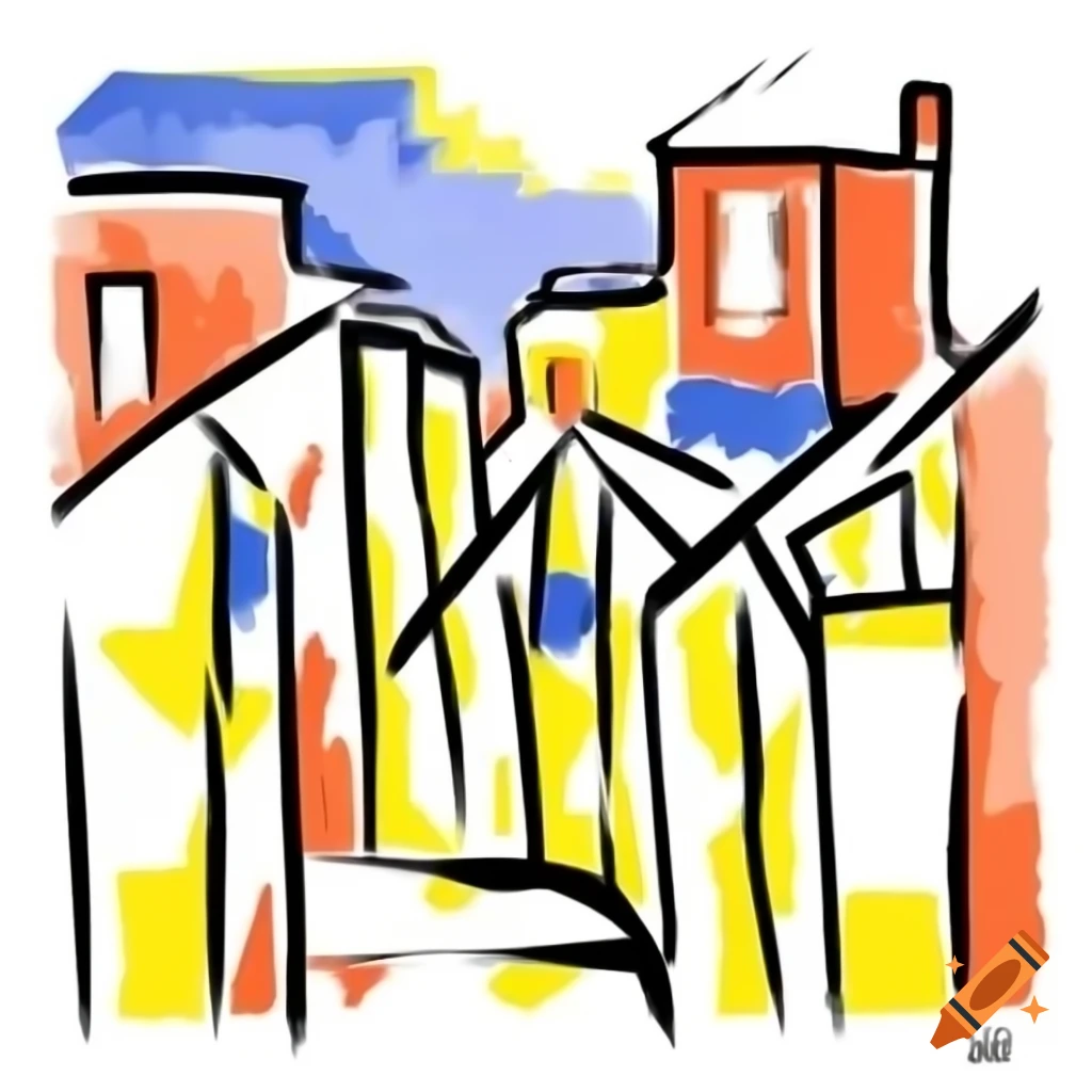 Cubistic art of medieval town in ink, merging Leonardo da Vinci style ...