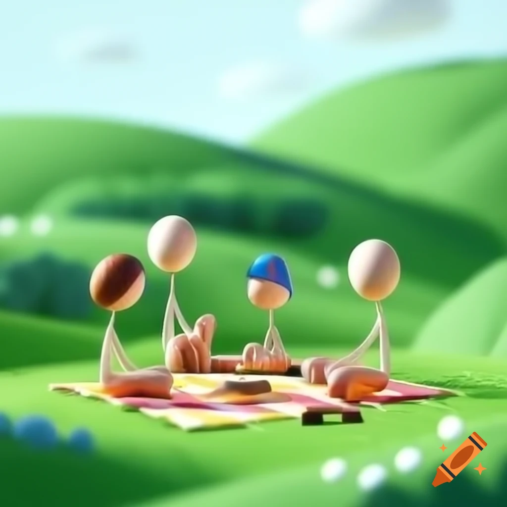 Four stick figures enjoying picnic on grass in front of green hill on ...