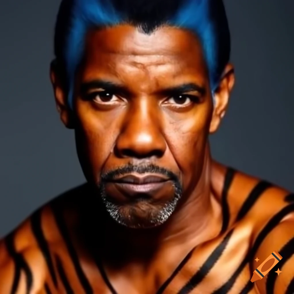 Muscular man with tiger-style makeup featuring blue hair and orange ...