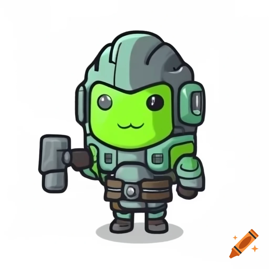Cartoonish tech adventurer in neon green, dark grey, and silver on Craiyon