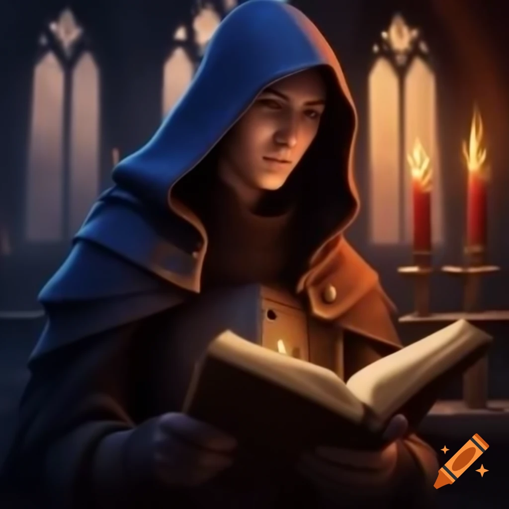 Medieval hooded mage reading grimoire in crypt with candles and stained glass on Craiyon